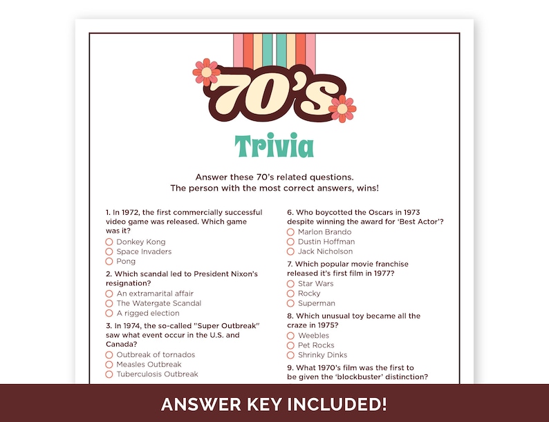 70's Trivia Game, Printable Quiz With Answers for a 70's Theme Party, 1970's Trivia Game for a ...