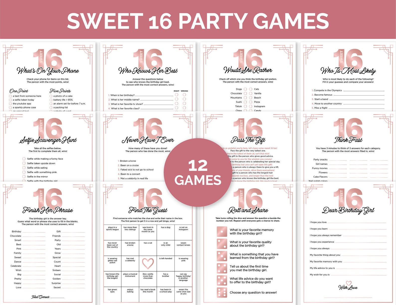 Sweet 16 Party Games, Printable Sweet Sixteen Games Bundle, 16th ...
