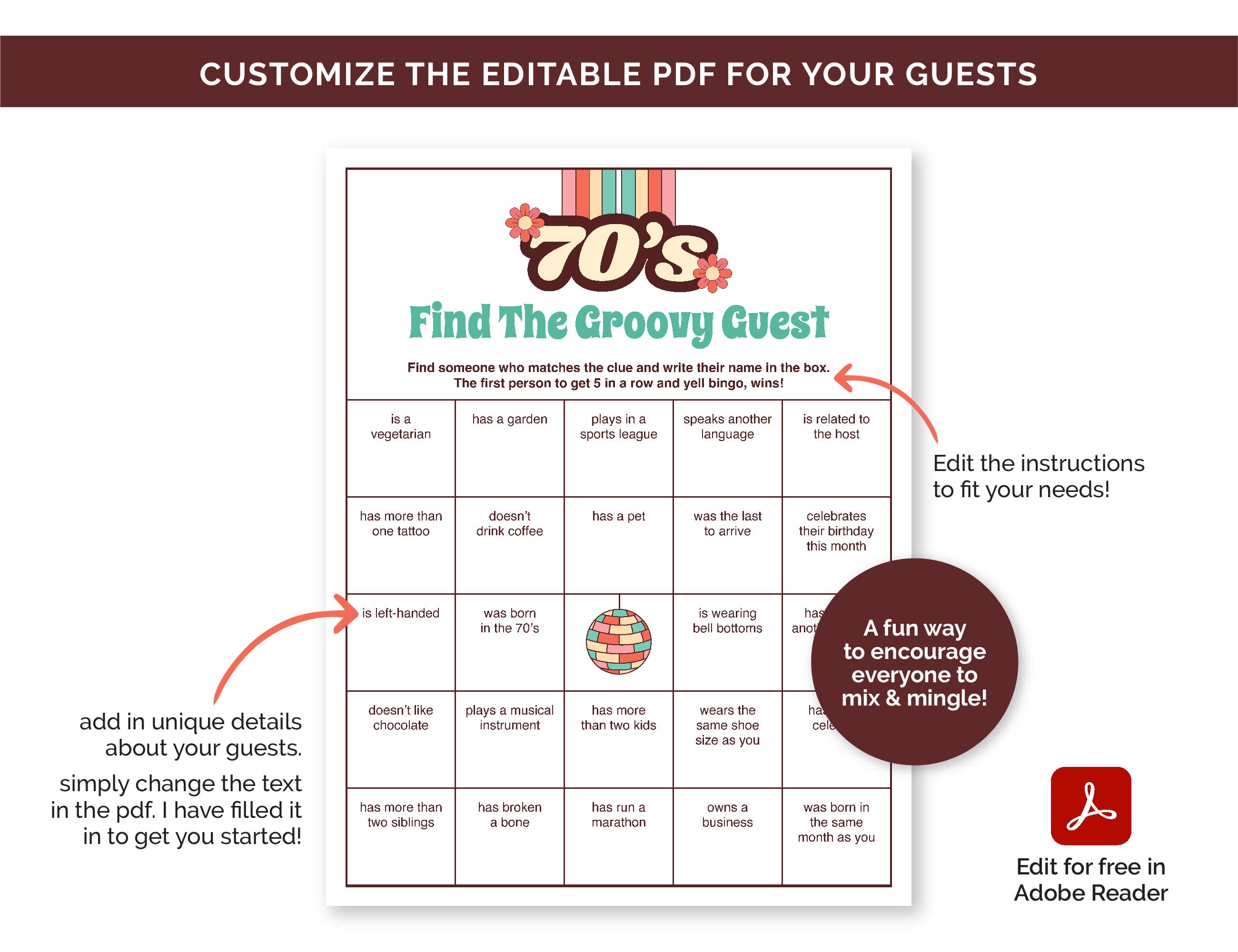 Editable 70s Find the Guest Bingo, Icebreaker Game for a Retro 70s ...