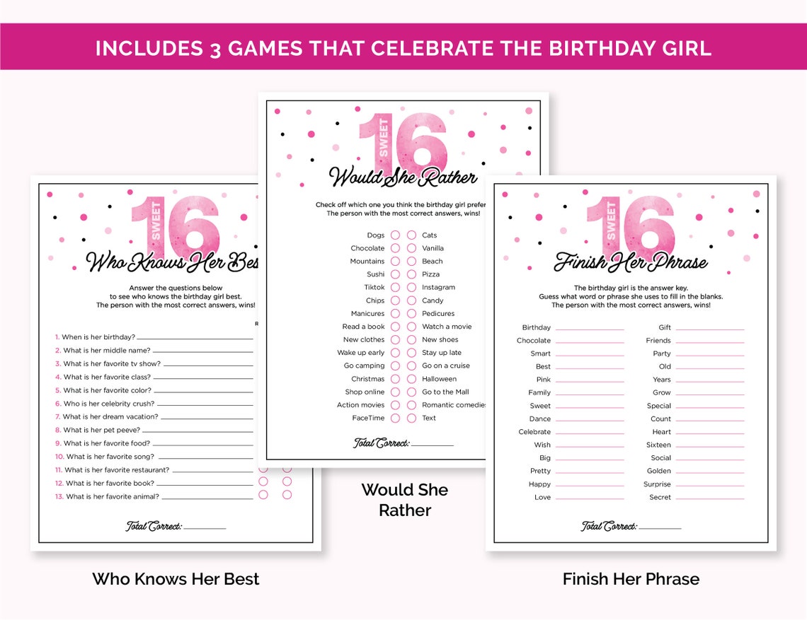 Sweet 16 Games for Girls, Printable Sweet Sixteen Birthday Game Bundle ...