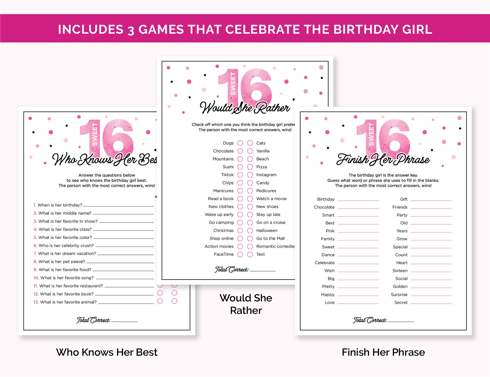 Sweet 16 Games for Girls, Printable Sweet Sixteen Birthday Game Bundle ...