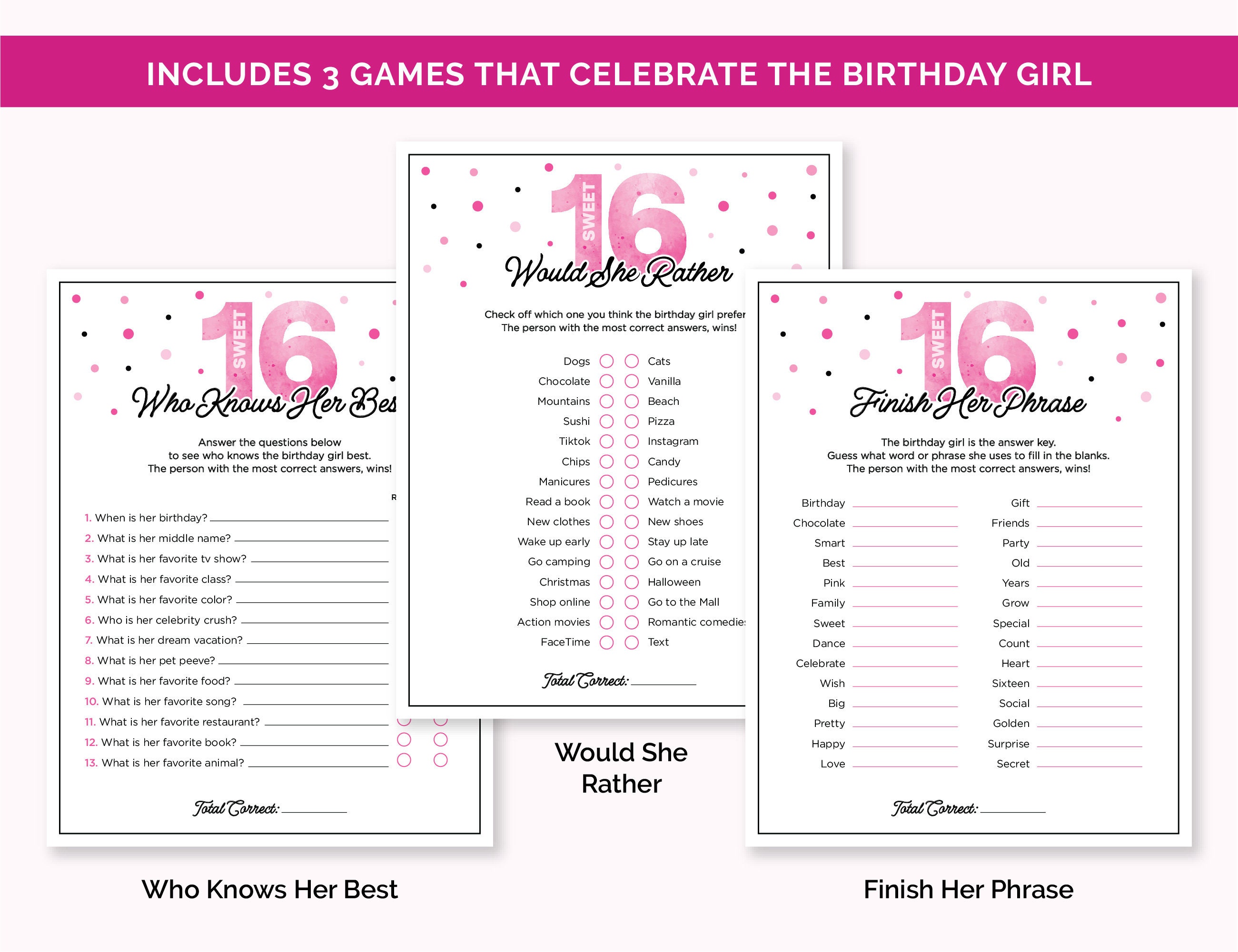 Sweet 16 Games for Girls, Printable Sweet Sixteen Birthday Game Bundle, Teen Trivia Games for a ...