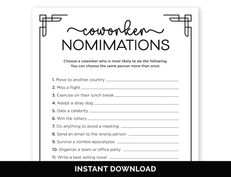 Coworker Nominations, Printable Team-building Game for a Work Party ...