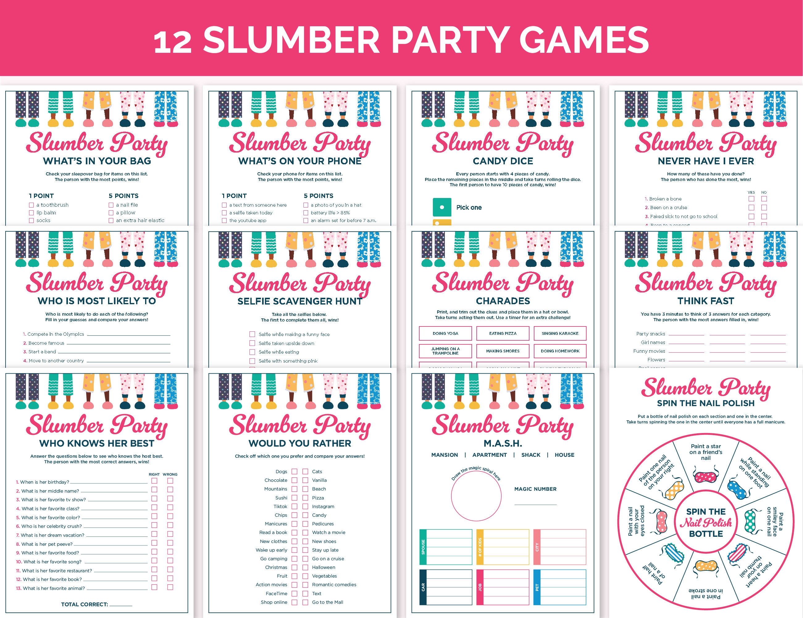 Slumber Party Games Bundle, Printable Games for Sleepover Party ...
