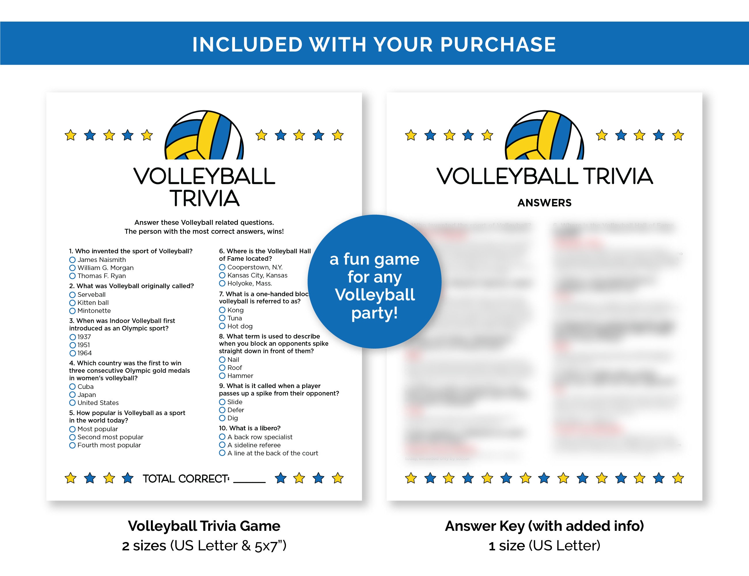 Volleyball Trivia Game, Printable Quiz With Answers for a Volleyball ...