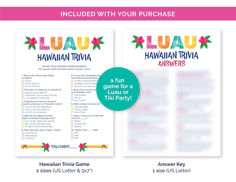 Luau Hawaiian Trivia Game, Printable Quiz With Answers for a Tiki Party ...