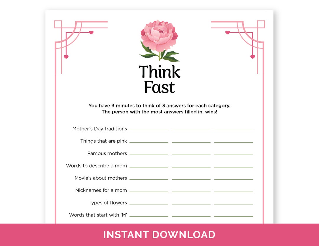 Mother's Day Think Fast, Printable Quick Think Mother's Day Party Game ...