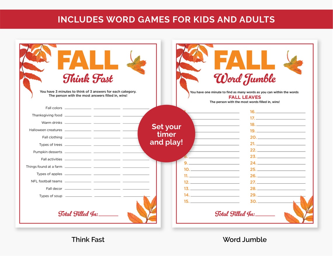 Fall Games Bundle, Printable Autumn Games for Kids, Teens, and Adults ...