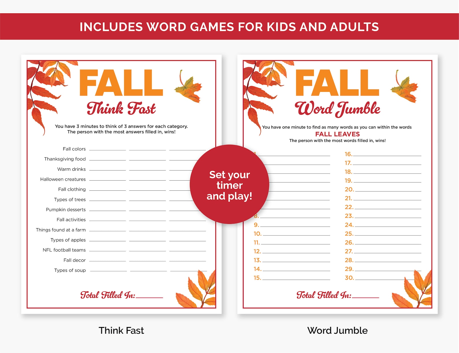Fall Games Bundle, Printable Autumn Games for Kids, Teens, and Adults ...