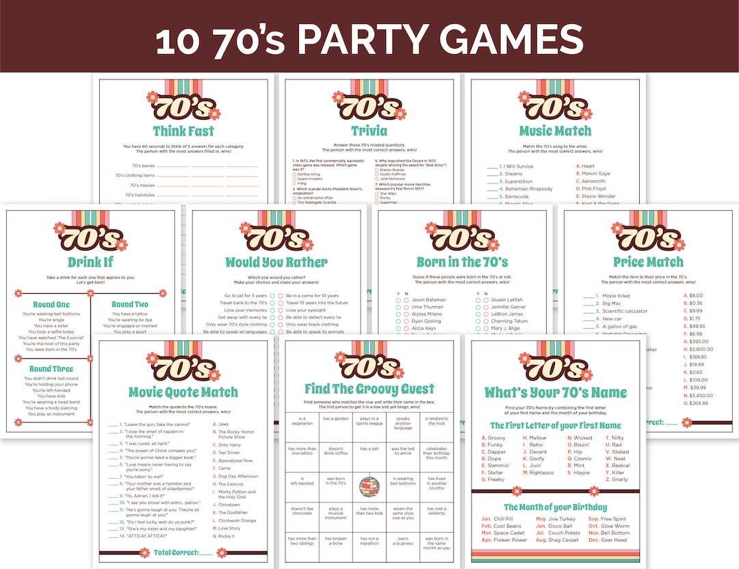 70s Party Games, Printable Games Bundle for a Retro 70s-themed Party ...