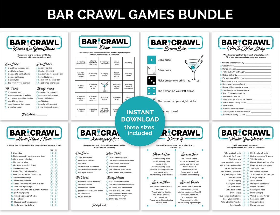 Bar Crawl Games, Printable Bar Hopping Games for a Birthday Bar Crawl ...