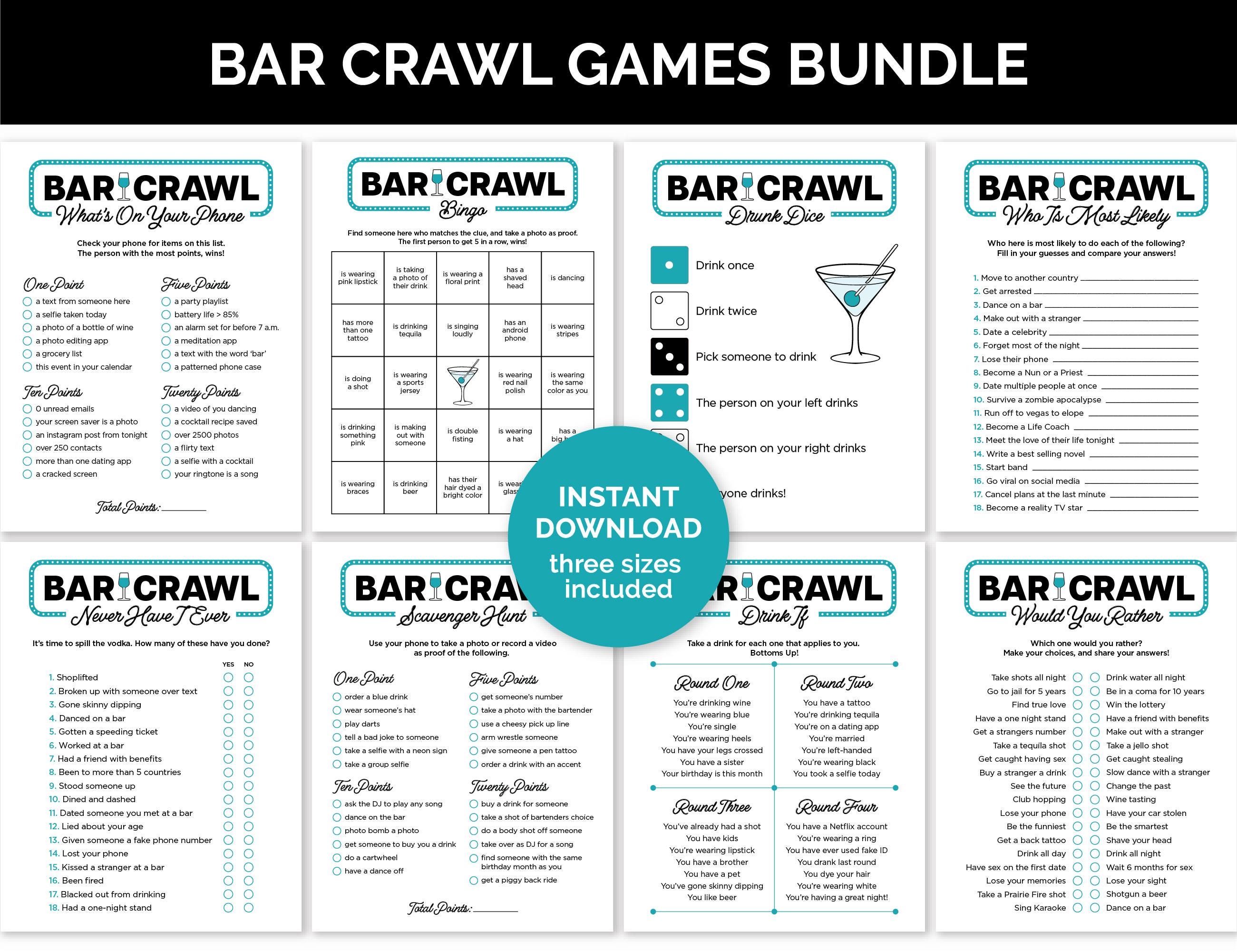Bar Crawl Games, Printable Bar Hopping Games for a Birthday Bar Crawl ...