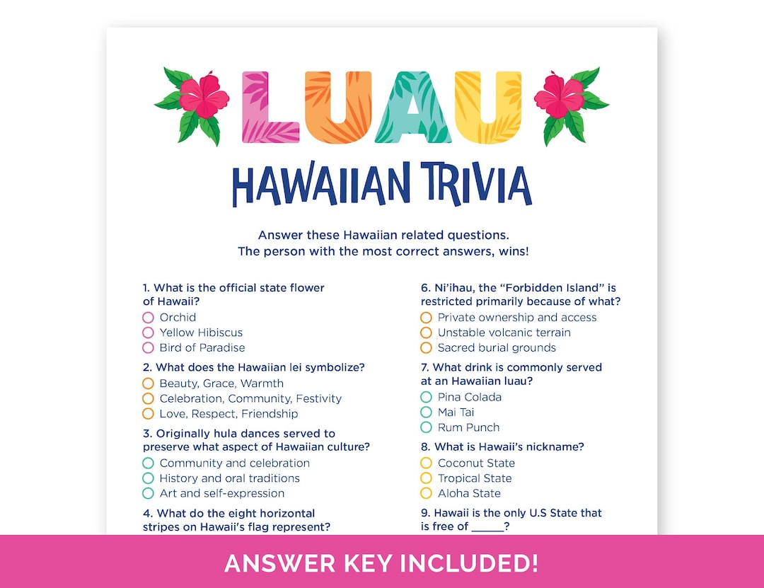 Luau Hawaiian Trivia Game, Printable Quiz With Answers for a Tiki Party ...
