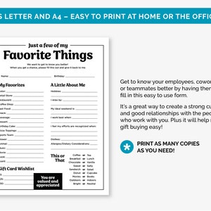 Employee Favorite Things Survey, Printable Coworker Questions, Employee ...