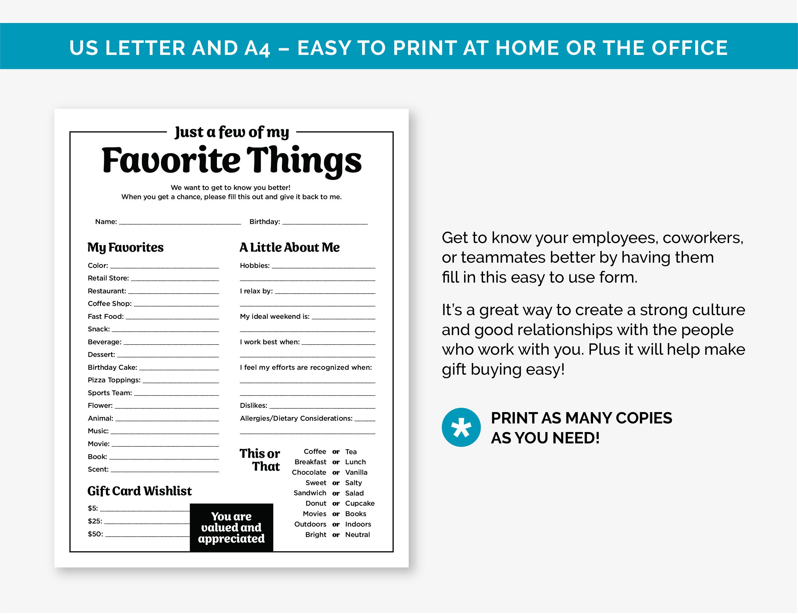 Employee Favorite Things Survey, Printable Coworker Questions, Employee ...