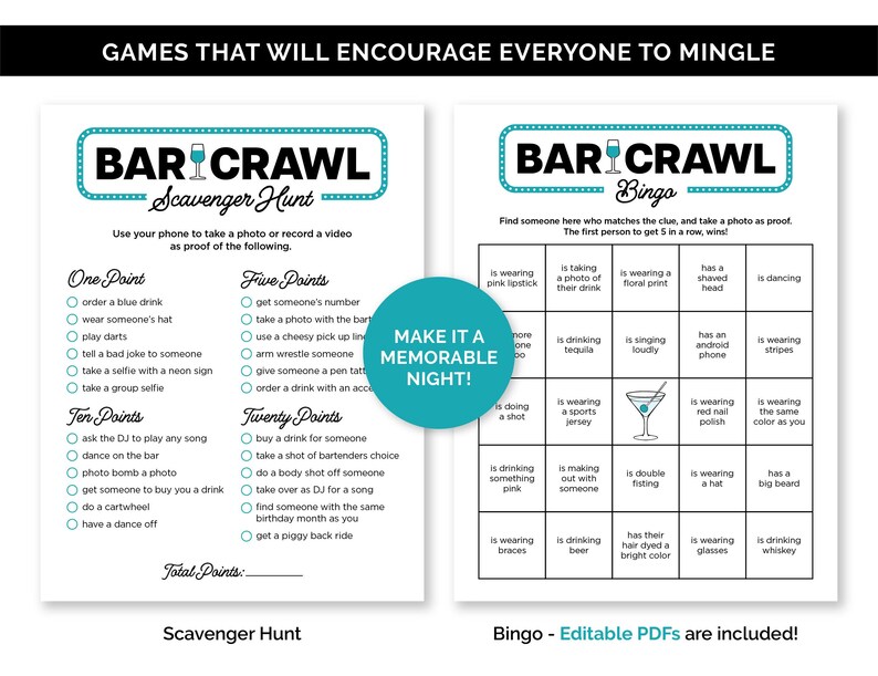Bar Crawl Games, Printable Bar Hopping Games for a Birthday Bar Crawl ...