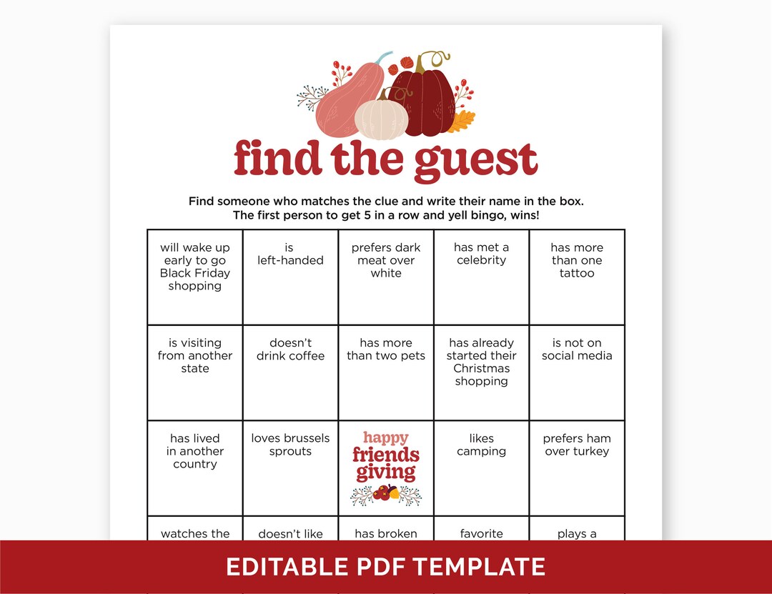 Editable Friendsgiving Find the Guest Bingo Game, Friendsgiving Party ...