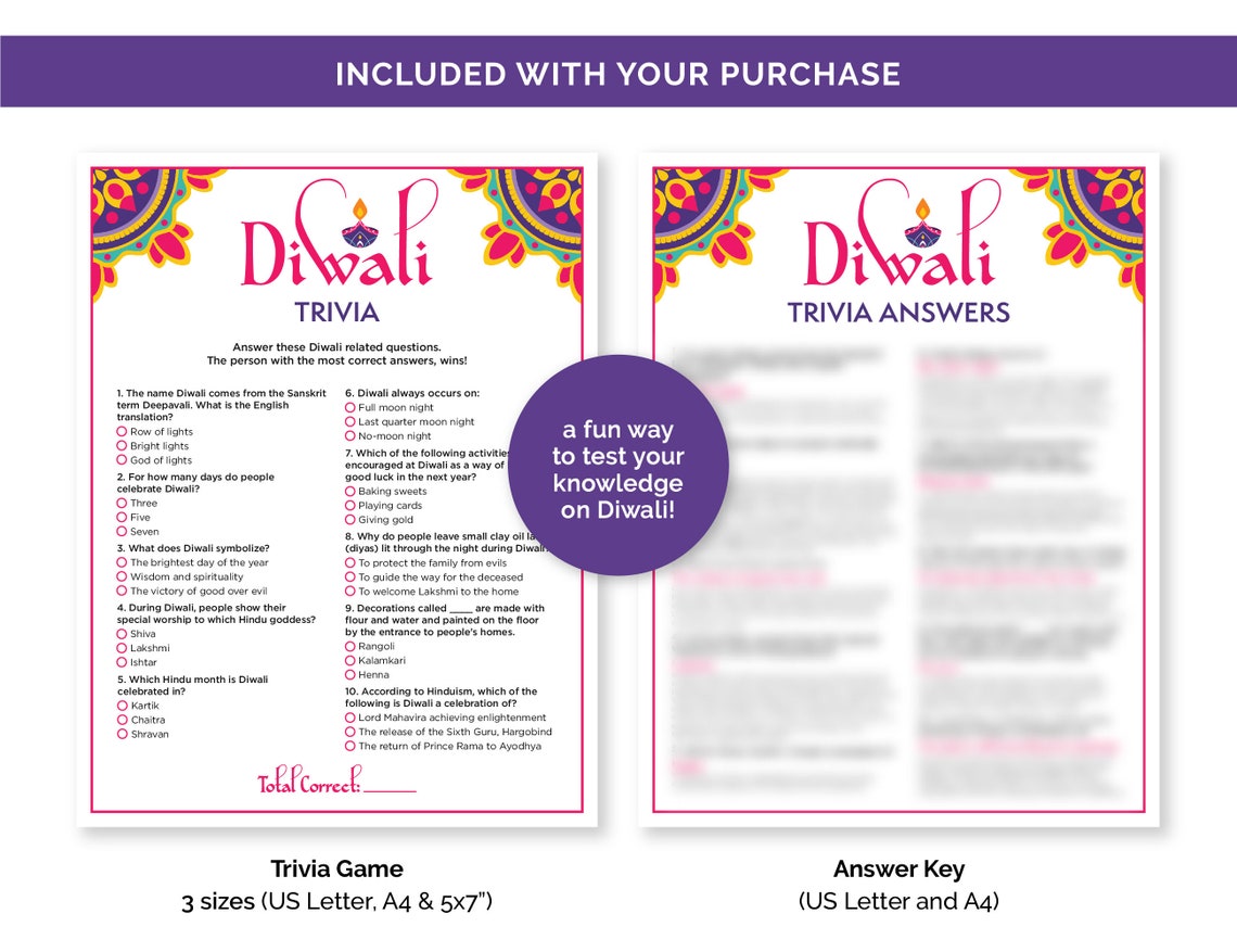 Diwali Trivia Game, Printable Quiz With Answers for a Diwali Party, Festival of Lights Game for ...