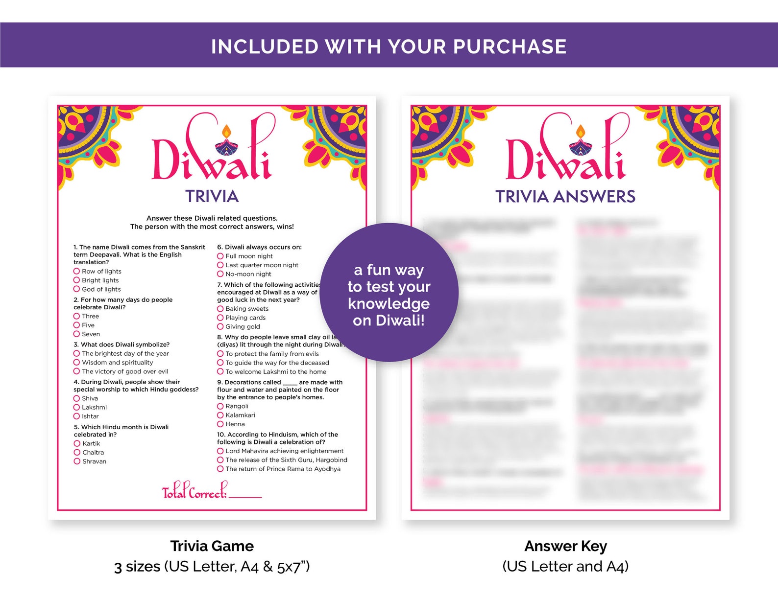 Diwali Trivia Game, Printable Quiz With Answers for a Diwali Party ...