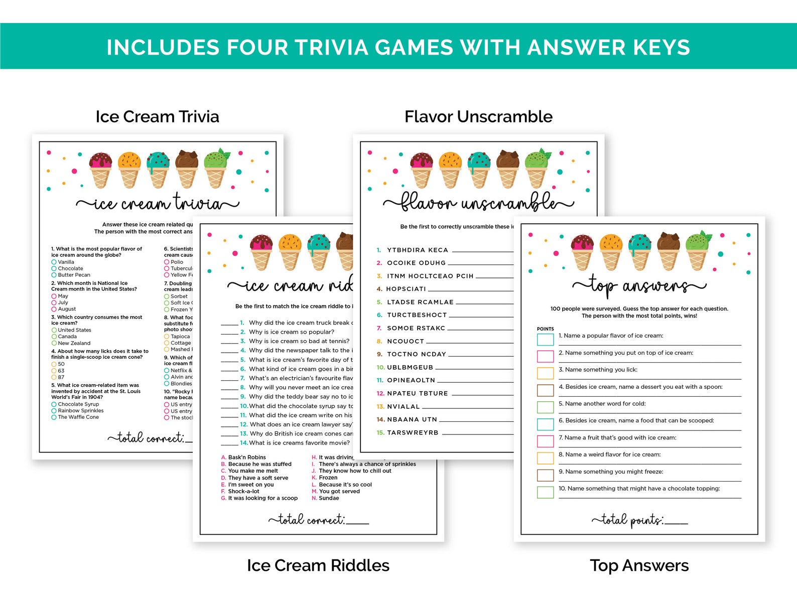 Ice Cream Party Games, Printable Games Bundle for an Ice Cream Social ...