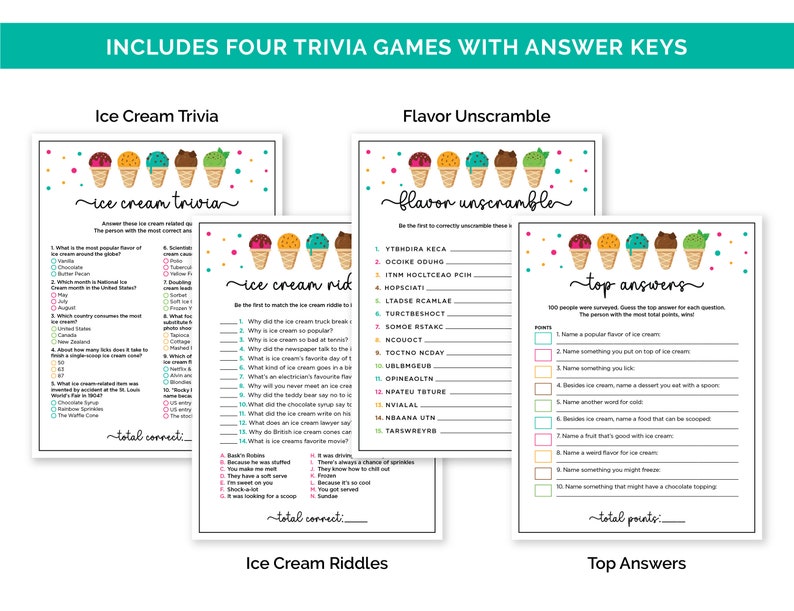 Ice Cream Party Games, Printable Games Bundle for an Ice Cream Social ...