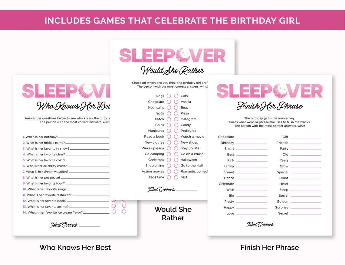 Sleepover Birthday Party Games, Printable Games Bundle for a Slumber ...