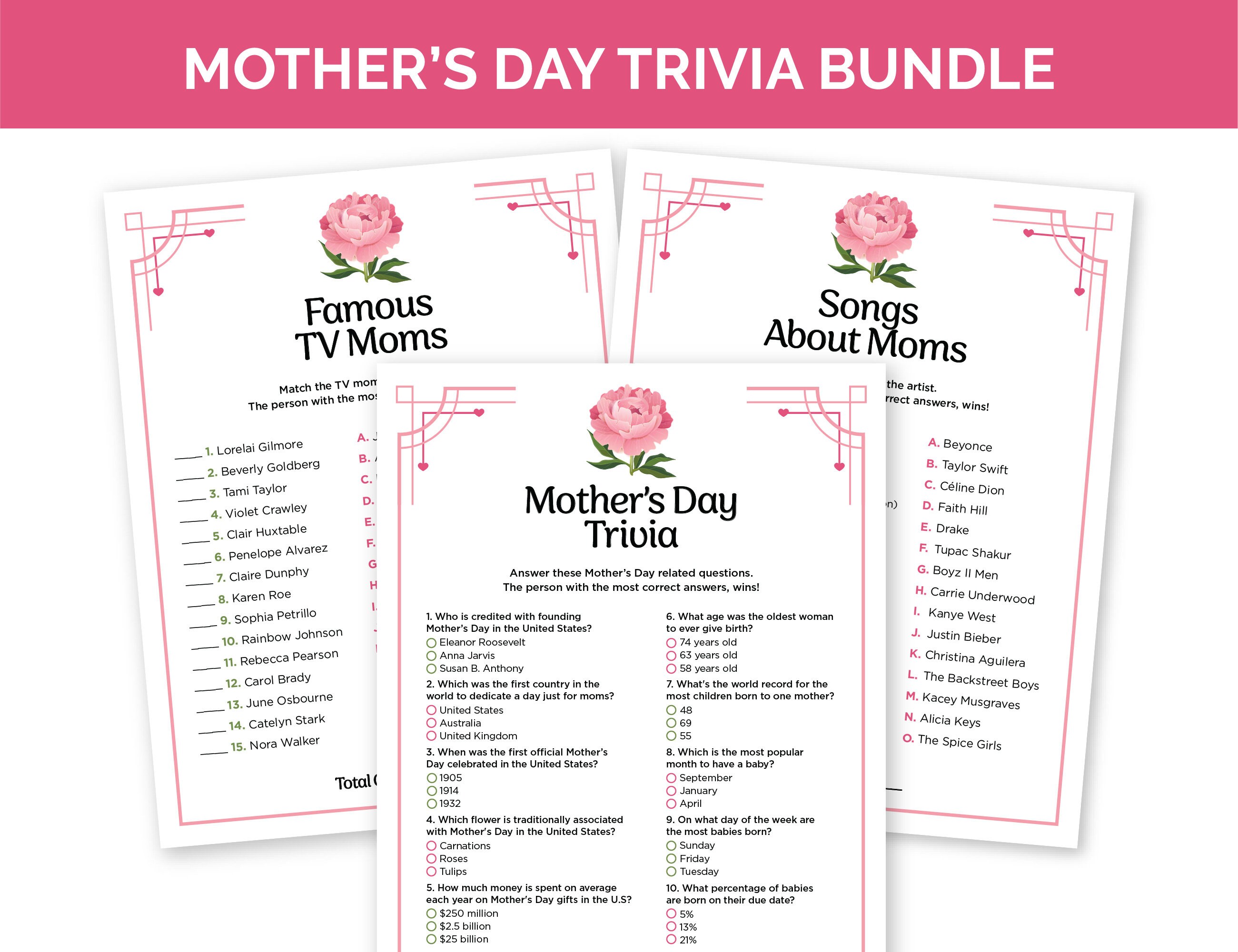 Mother's Day Trivia Games Bundle, Printable Mothers Day Trivia, Famous ...
