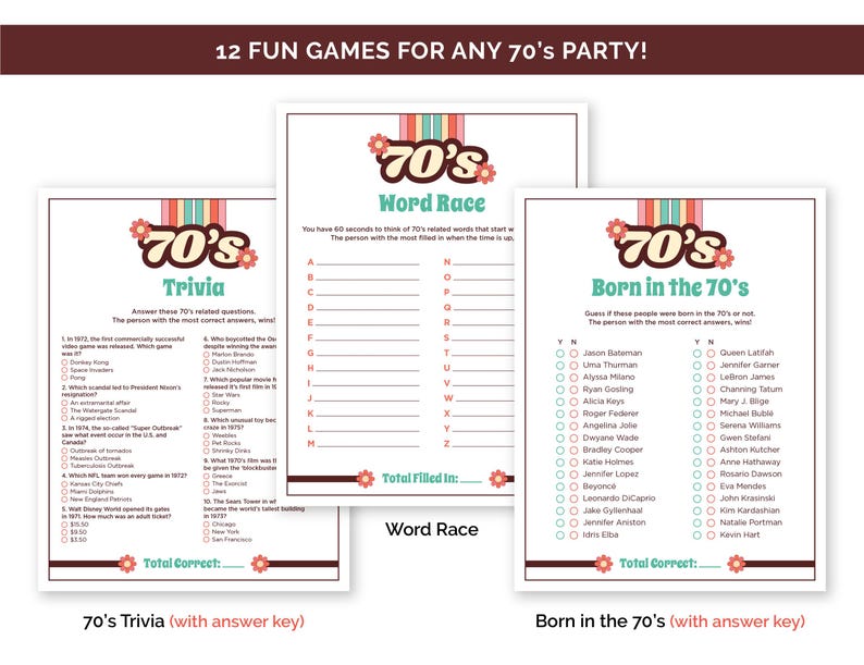 70s Party Games, Printable Games Bundle for a Retro 70s Theme Party ...