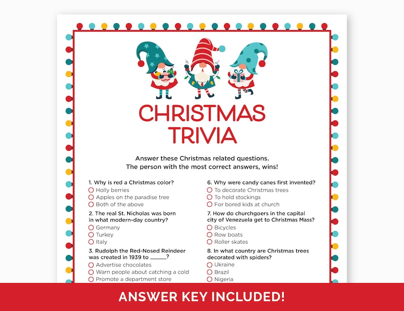Christmas Trivia Game, Printable Quiz With Answers for a Family or ...