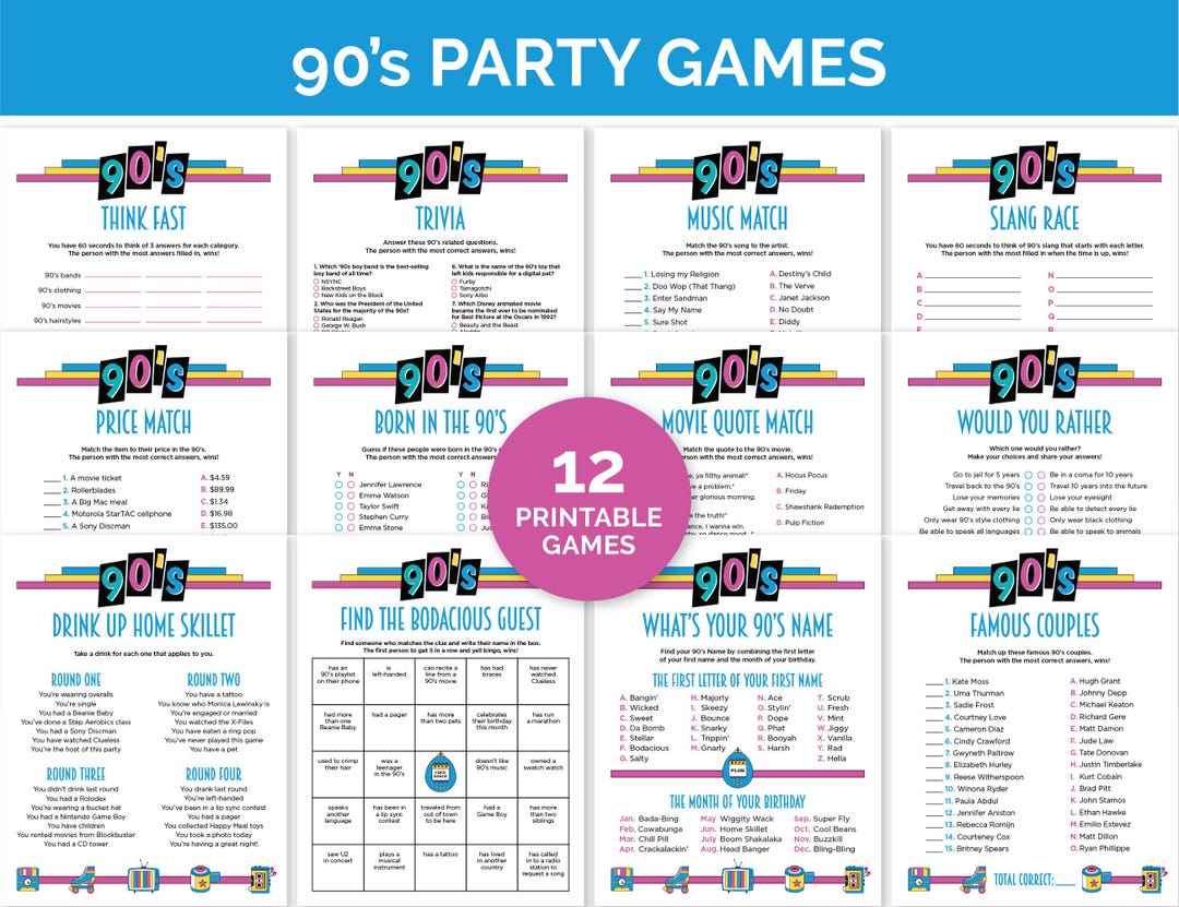 90s Party Games Bundle, Printable Games for a Back to the 90s Birthday ...