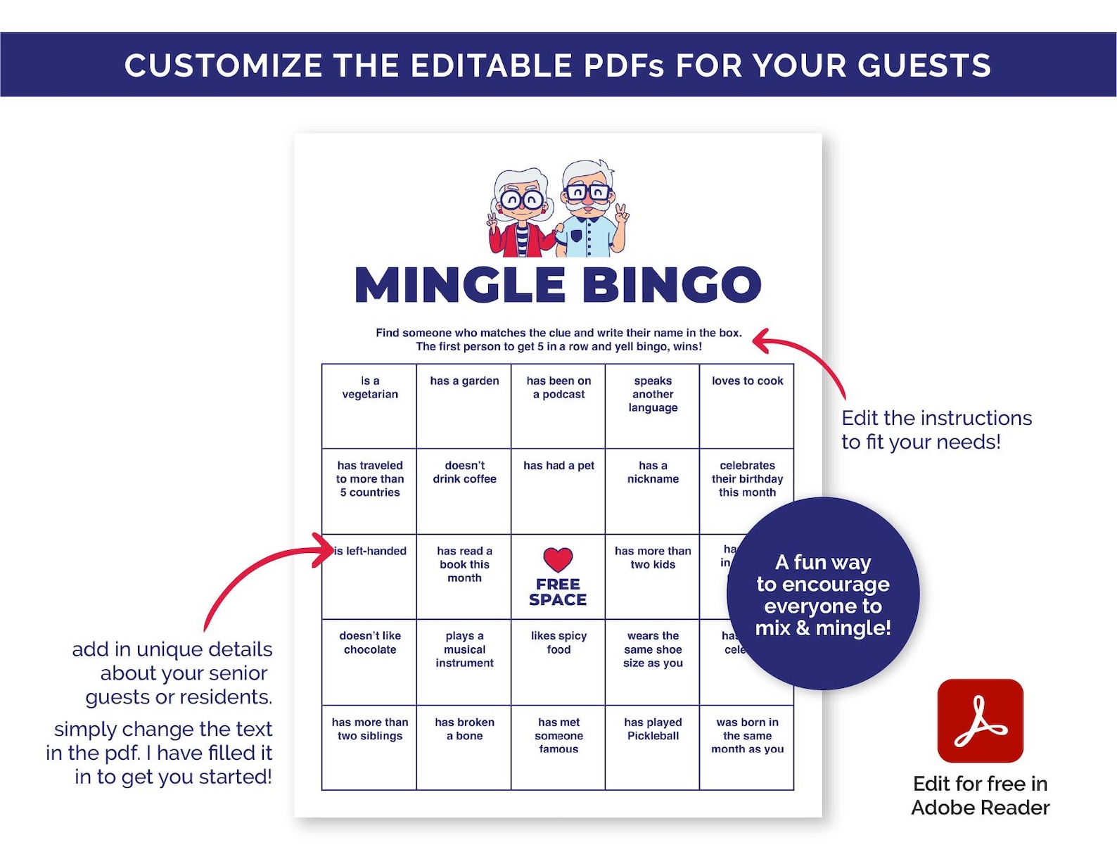 Editable Senior Mingle Bingo, Icebreaker Game for Senior Citizens, Find ...