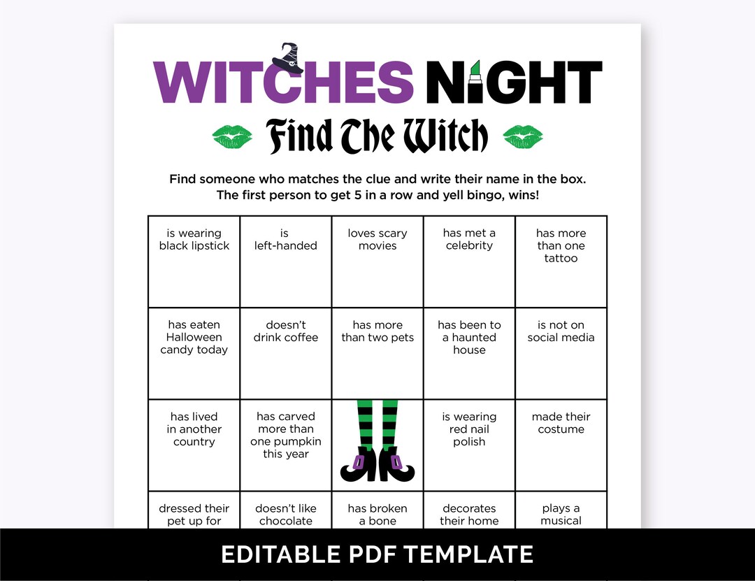 Find the Witch Bingo Game, Editable Witches Night Find the Guest Game ...