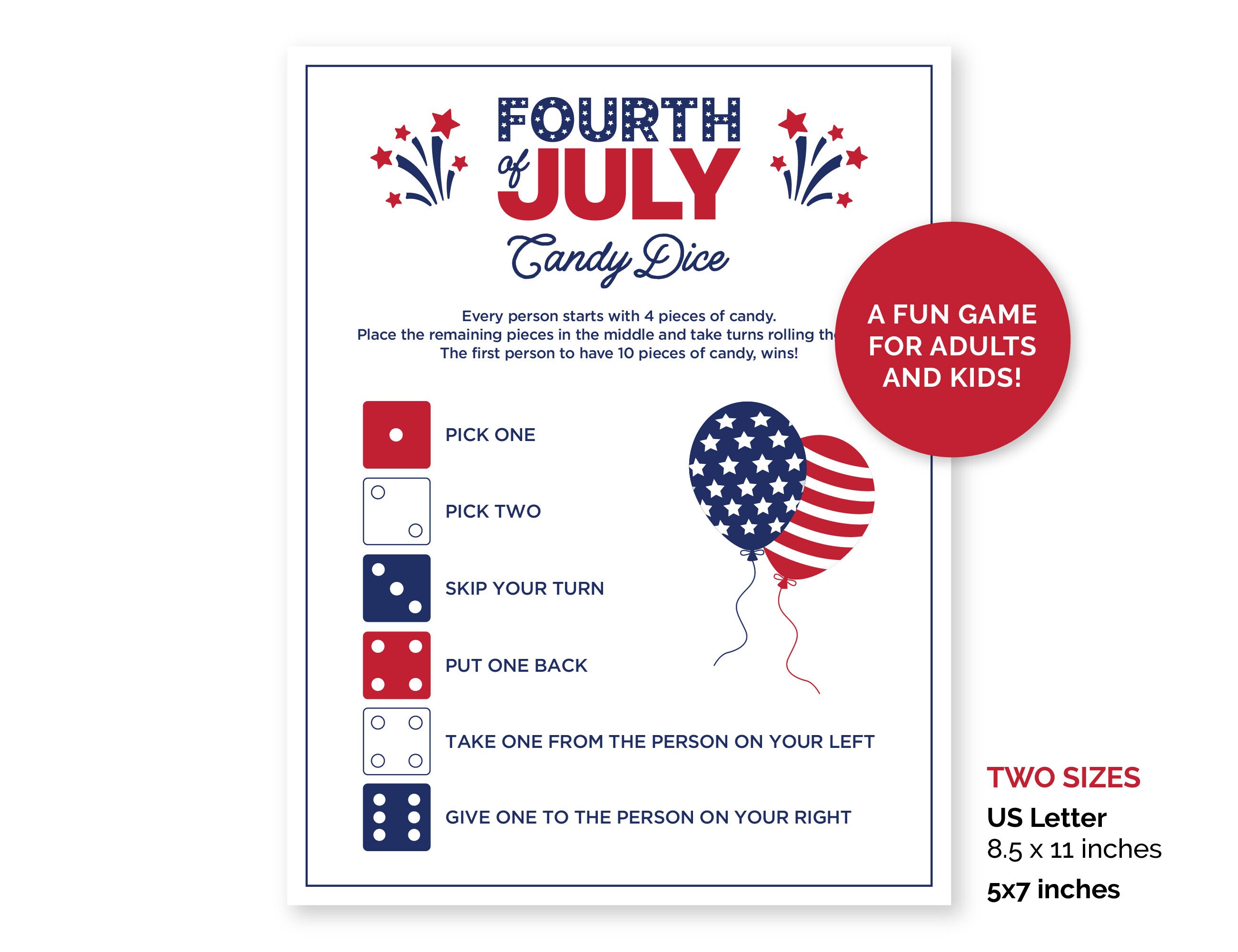 Fourth of July Candy Dice Game, Printable 4th of July Party Game for ...
