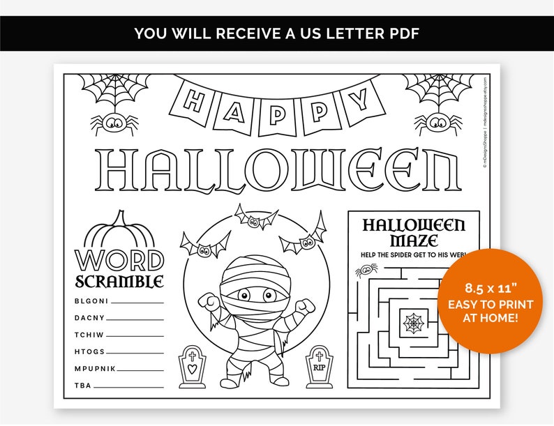 Halloween Coloring and Activity Page, Printable Kids Halloween Placemat ...
