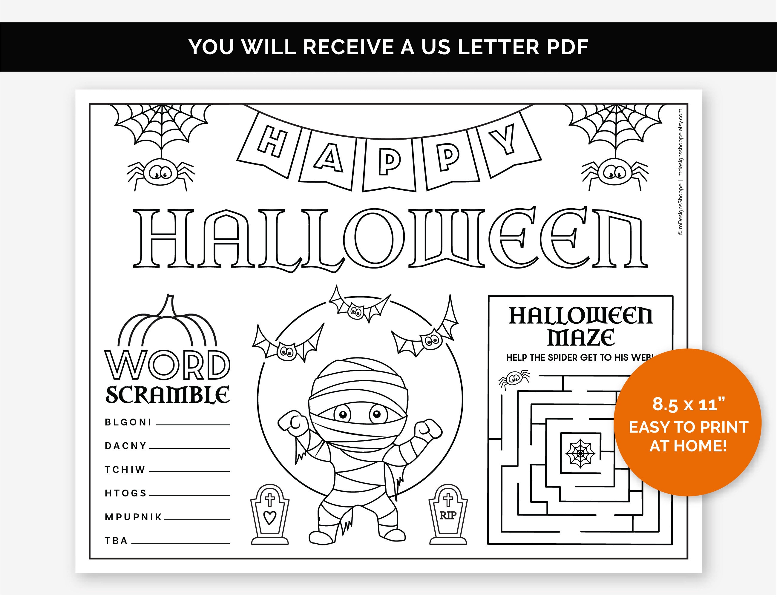 Halloween Coloring and Activity Page, Printable Kids Halloween Placemat ...