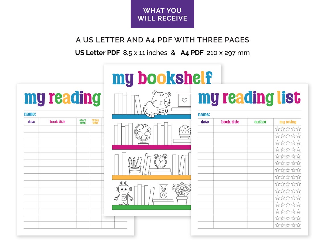 Reading Log for Kids, Printable Bookshelf Reading Tracker, Reading List ...