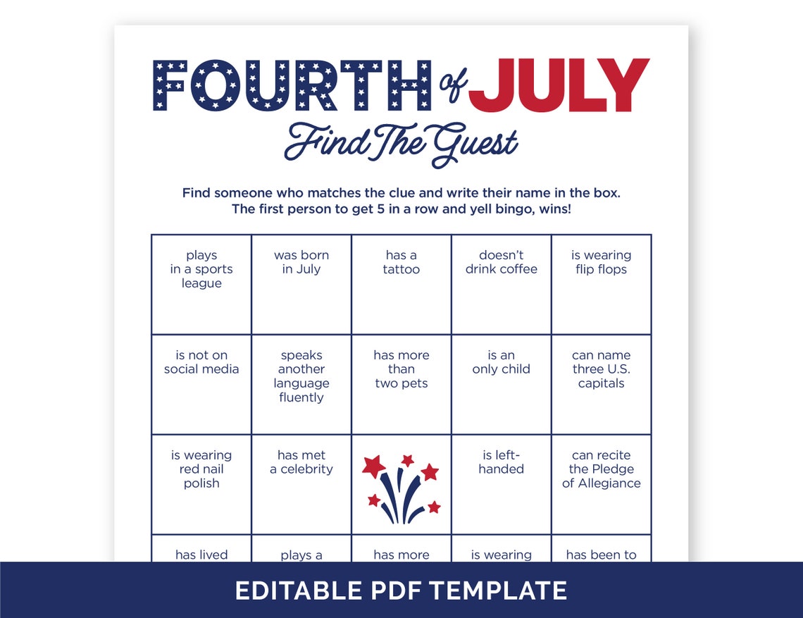 Fourth of July Find the Guest Bingo Game, Printable Party Game for a ...