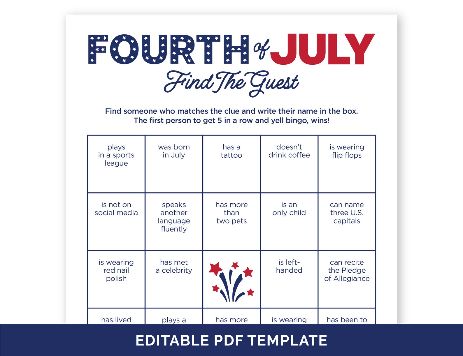 Fourth of July Find the Guest Bingo Game, Printable Party Game for a ...