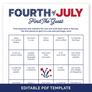 Fourth of July Find the Guest Bingo Game, Printable Party Game for a ...