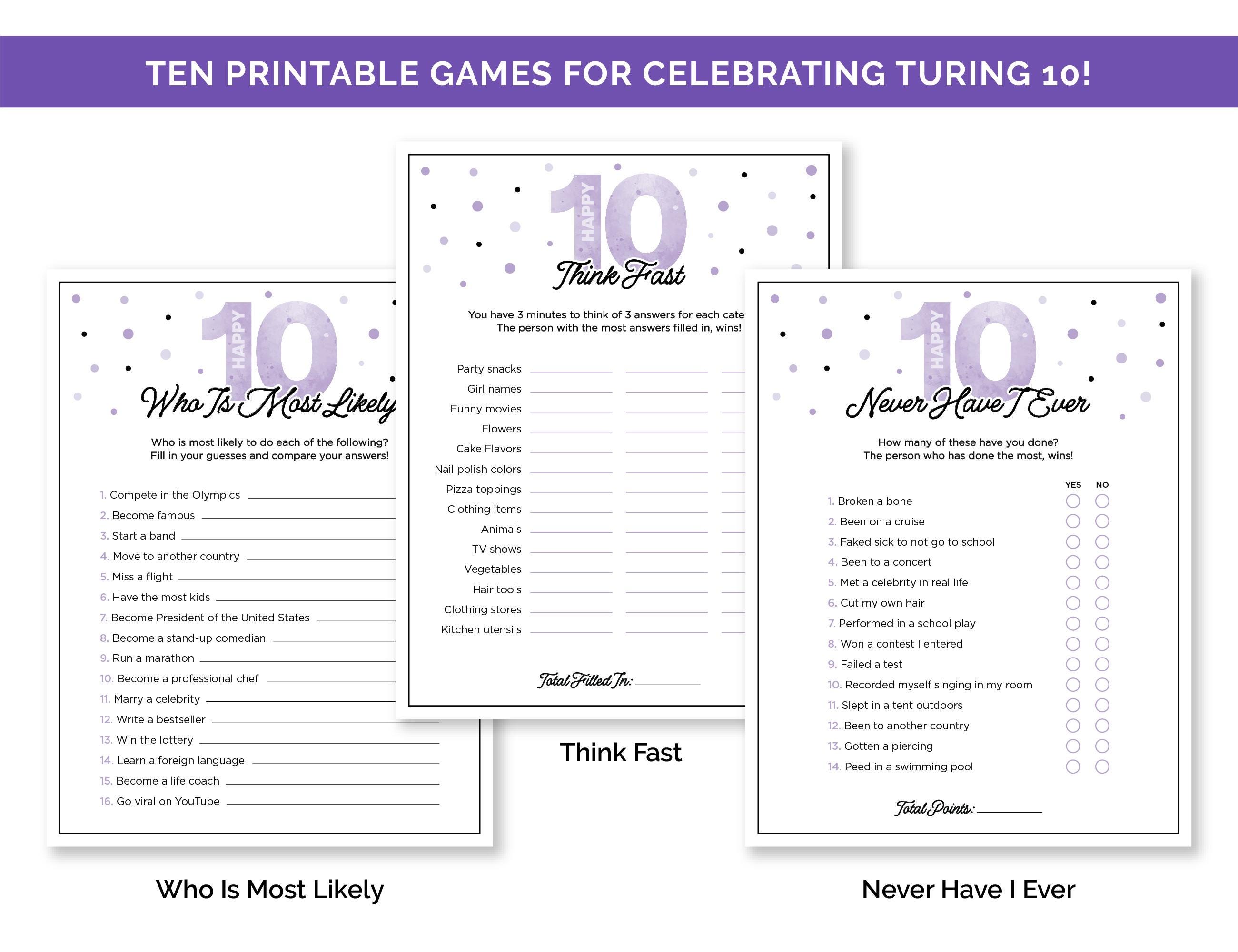 Purple 10th Birthday Party Games, Printable Tenth Birthday Games With ...