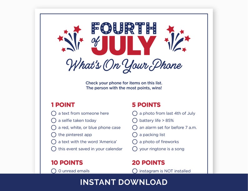 Fourth of July What's on Your Phone Game, Printable Phone Scavenger ...
