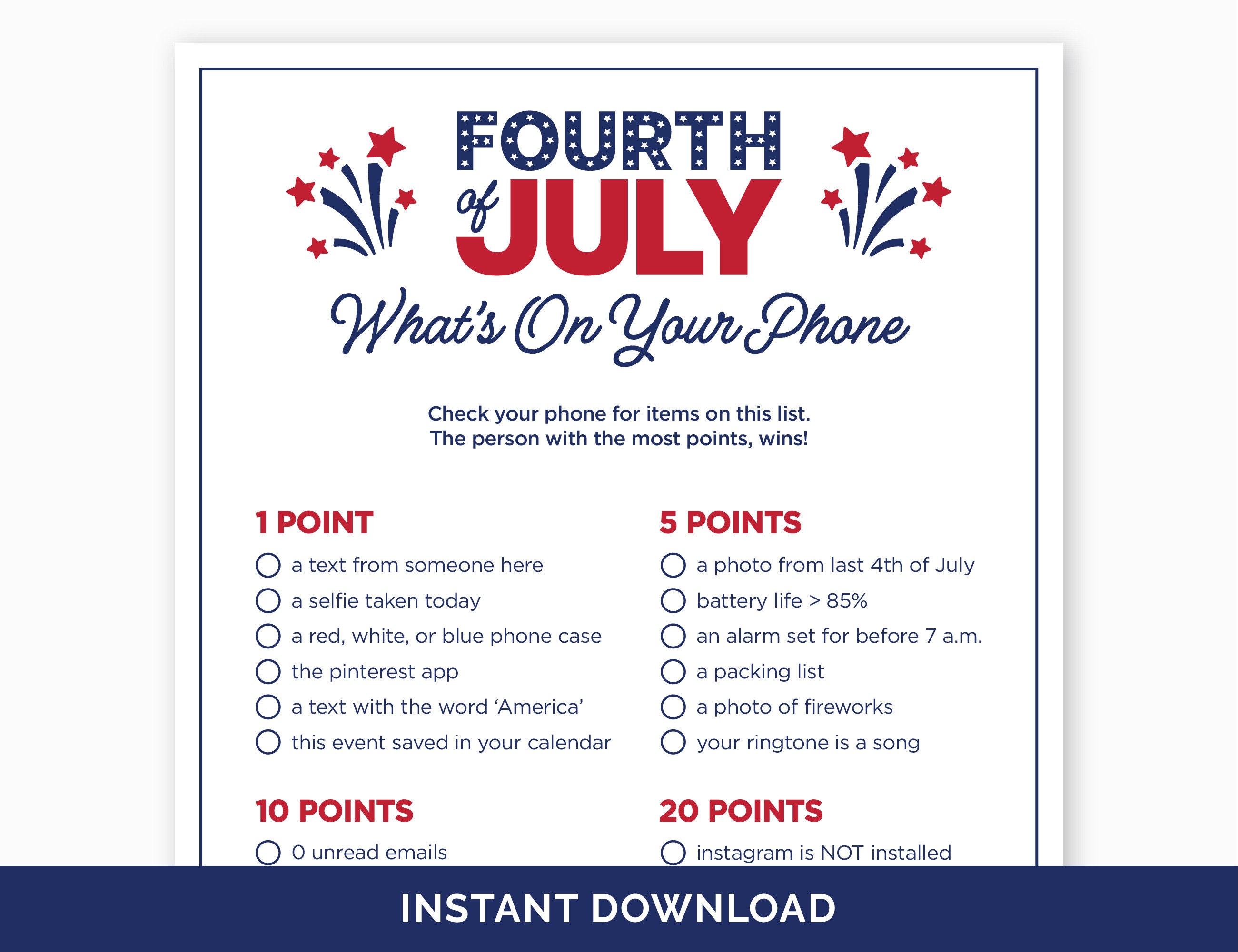 Fourth of July What's on Your Phone Game, Printable Phone Scavenger ...
