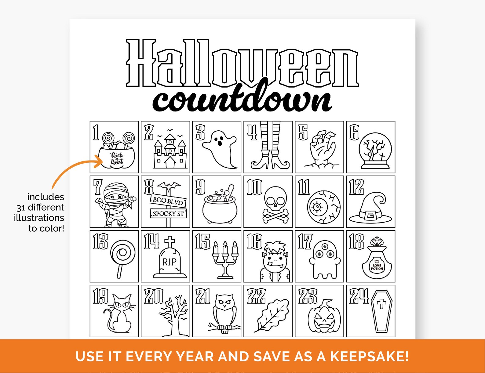 Halloween Countdown Coloring Page, Printable Halloween Advent Calendar ...