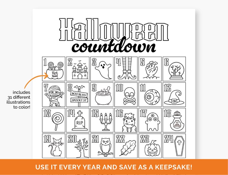 Halloween Countdown Coloring Page, Printable Halloween Advent Calendar ...