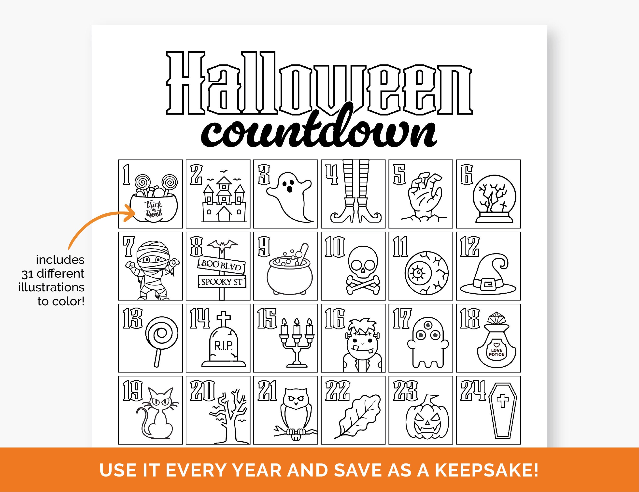 Halloween Countdown Coloring Page, Printable Halloween Advent Calendar ...