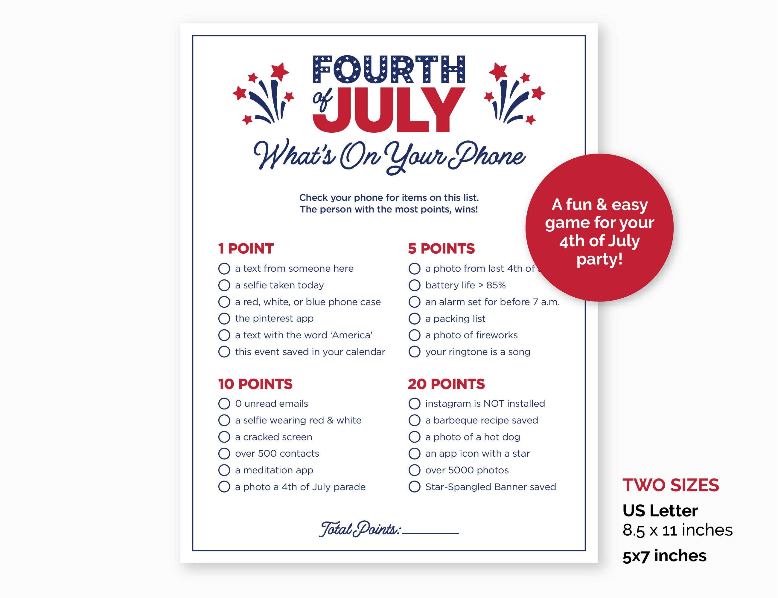 Fourth of July What's on Your Phone Game, Printable Phone Scavenger ...