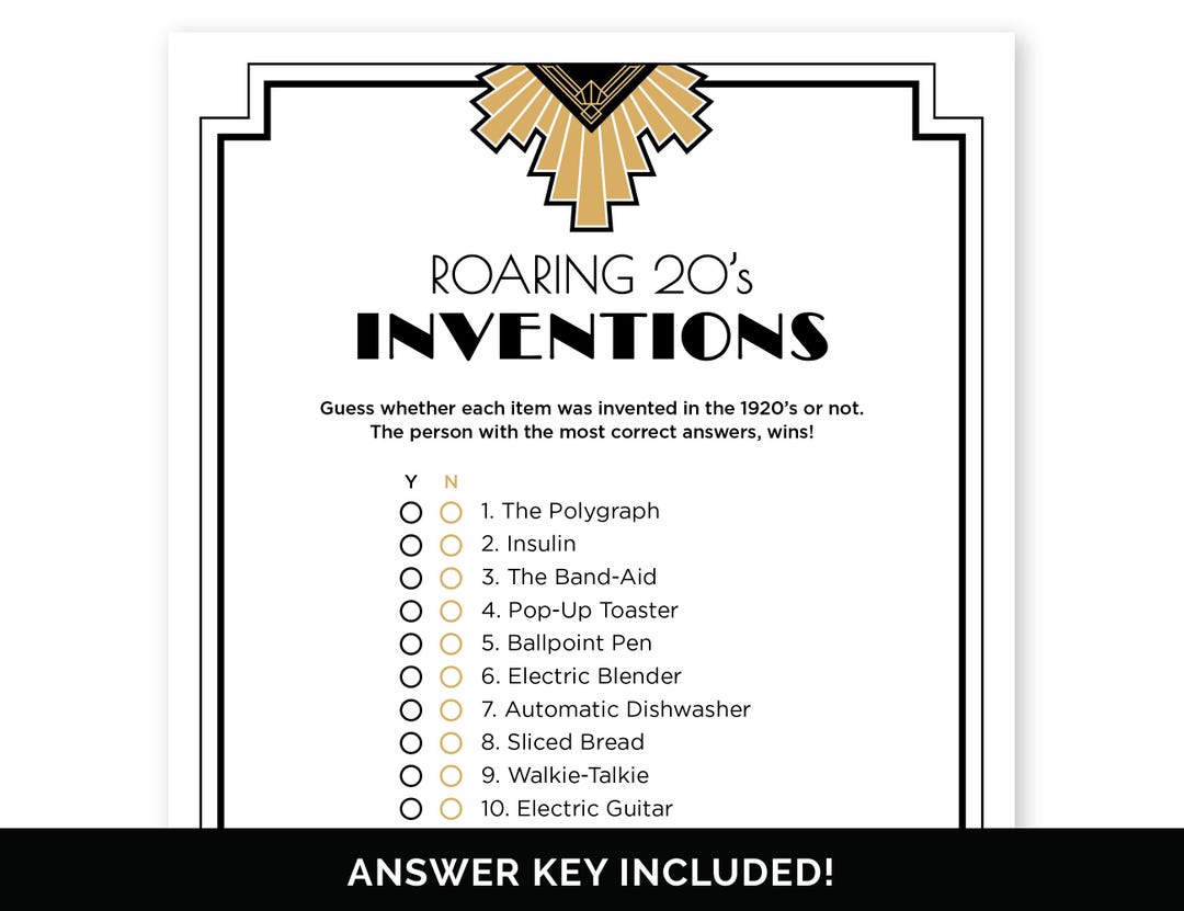 1920's Inventions Trivia Game, Printable Invention Quiz for a Roaring ...