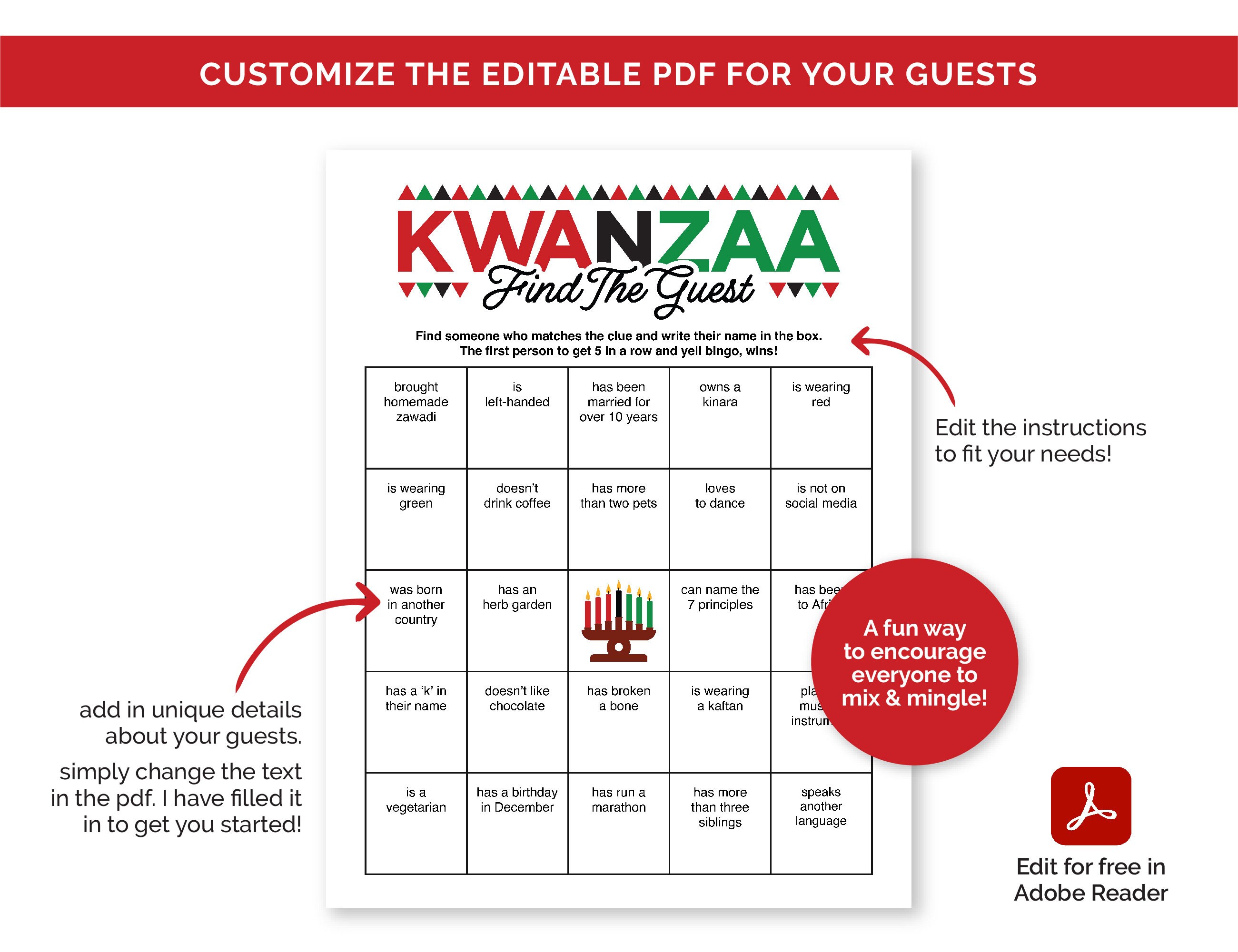 Editable Kwanzaa Find the Guest Bingo Game, Printable Kwanzaa Party Mix ...