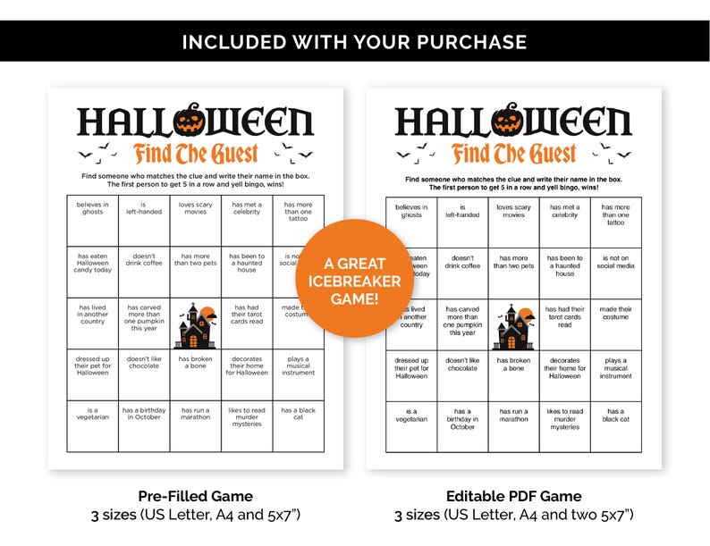 Editable Halloween Find the Guest Bingo Game, Icebreaker Game for a ...
