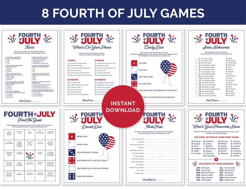 Fourth of July Games Bundle, Printable Games for a 4th of July BBQ or ...